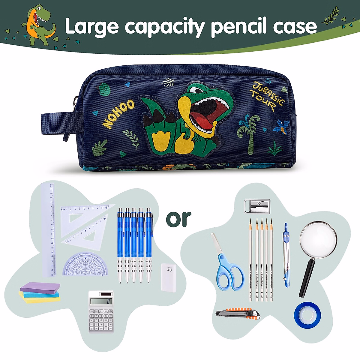 NOHOO Pencil case, funny Animal Print Pencil bag for kids, Large Lightweight Portable pencil pouch with Zipper for Girls Boy Students Teens Adults School office Travel Holder Box -Dinosaurs
