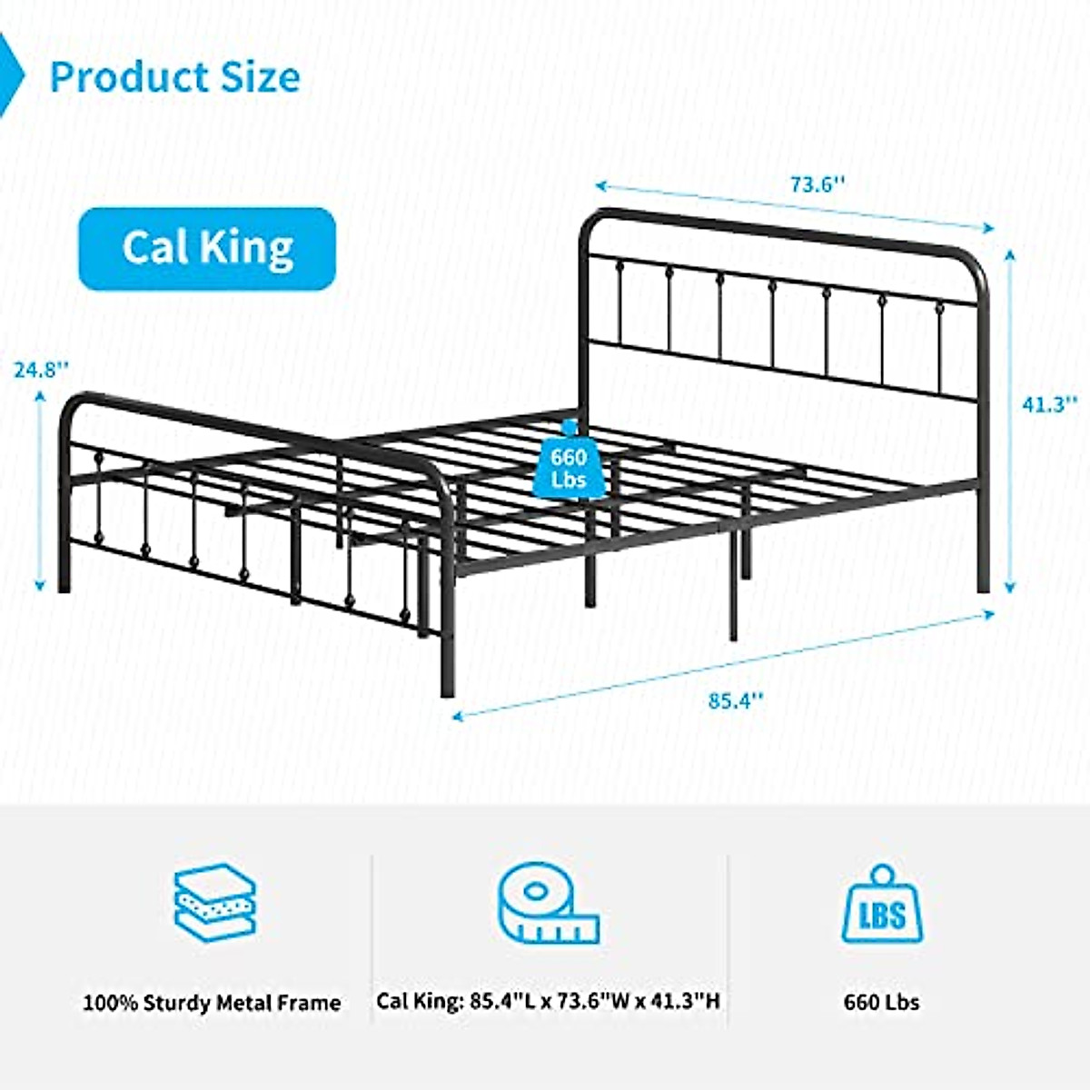 TABU Cal King Platform Bed Frame with Headboard & Footboard, Heavy Duty Metal Bed Frame with Strong Slat Support, Vintage Style Mattress Foundation, No Box Spring Needed (Cal King/Black)