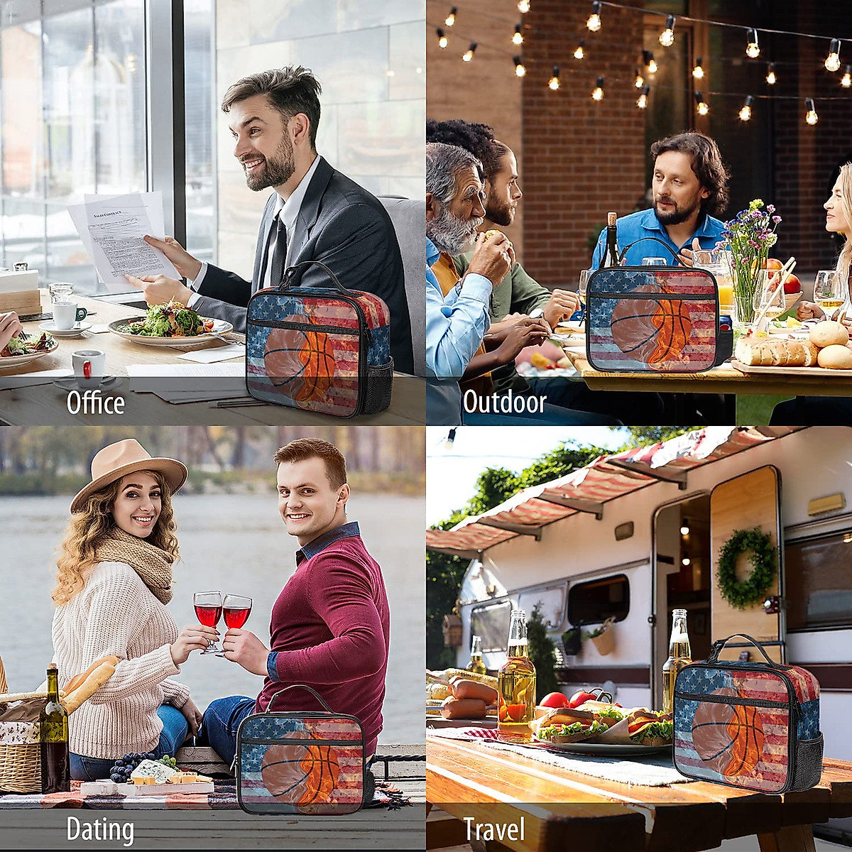 Onzhvex Basketball Reusable Lunch Box, Insulated Lunch Bags for Girls Boys Kids, Thermal Tote Bags with Detachable Buckle Leak-proof Cooler Container for Work, Picnic, Outdoor