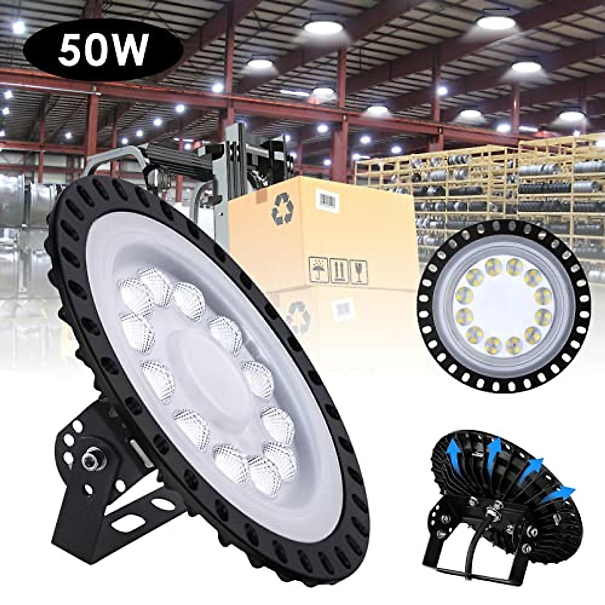 MERRYHE 50W LED UFO High Bay Lighting, 6500K Ultra Thin LED Warehouse Lights Fixture, 4000LM Daylight White 110V IP65 Waterproof Commercial Shop Bay Light Lamp for Area Garage Gym Workshop,4 Pack