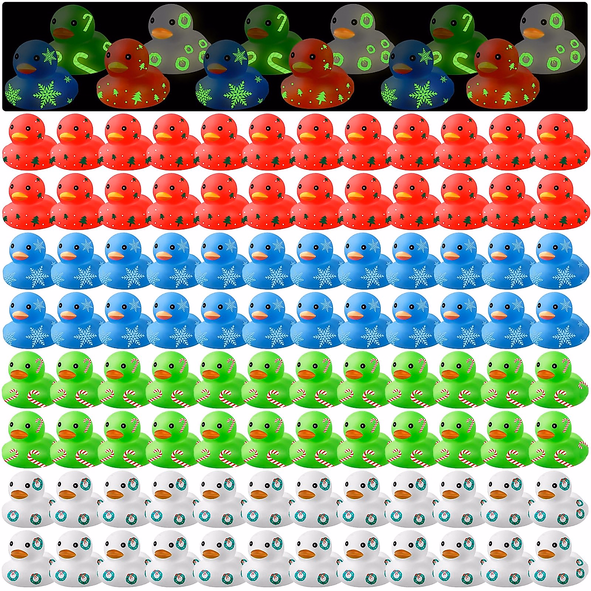 Poen 108 Pcs Christmas Glow in The Dark Rubber Ducks Christmas Rubber Ducks Bulk Light up Mini Rubber Duckies Bathtub Toys for Girls Boys Christmas Party Favors Birthday Pool Rewards (Cute Style)