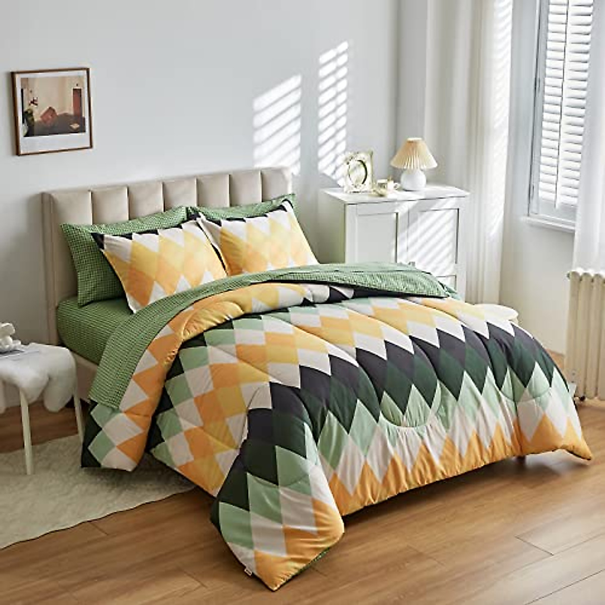 UOZZI BEDDING Rhombus Comforter Sheet Set 7 Pieces Bed in a Bag White Green Yellow Diamond Queen Size (1 Comforter 2 Pillow Shams 1 Flat Sheet 1 Fitted Sheet 2 Pillowcases)