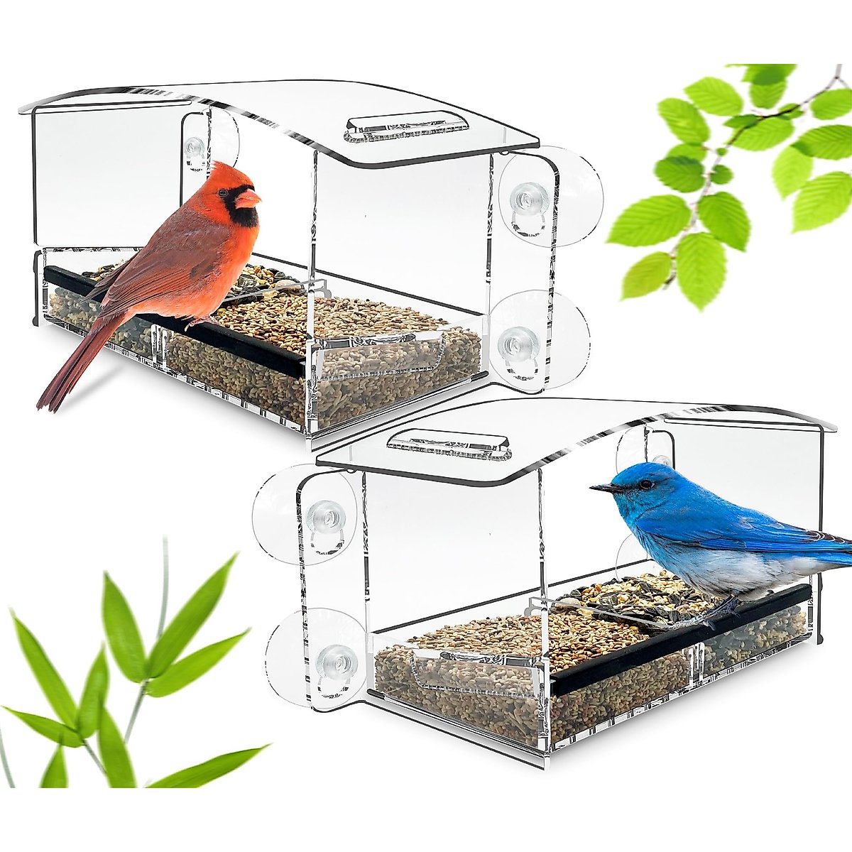 GoGiffy (2-Pack) Acrylic Window Bird House Feeders for Outside Viewing | Large Capacity with 4 Strong Suction Cups | Removable Seed Tray with Drain Holes | Easy to Refill & Clean | Squirrel Chew Proof