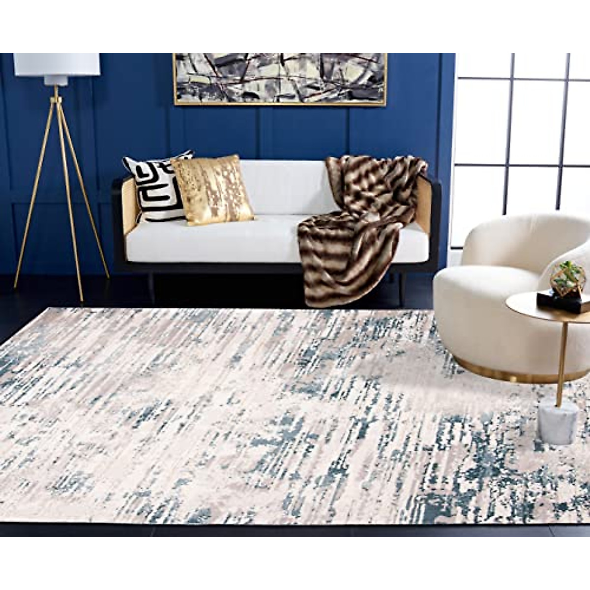 SAFAVIEH Vogue Collection 6'7" x 9' Cream / Teal VGE145A Modern Abstract Area Rug