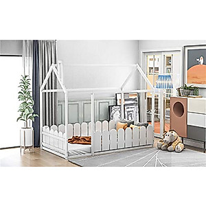 Twin Size Wood Bed House Bed Frame with Fence, Cabin Bed, Floor Bed, Nursery Furniture, Kids Tent Bed Play Tent (White)