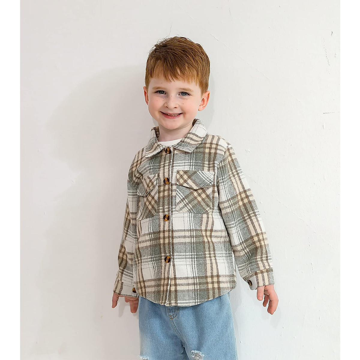 YOUNGER TREE Toddler Baby Boys Girls Jacket Plaid Flannel Long Sleeve Button Down Shacket Kids Boy Coat Fall Winter Top(Grey/Green,3-4T)