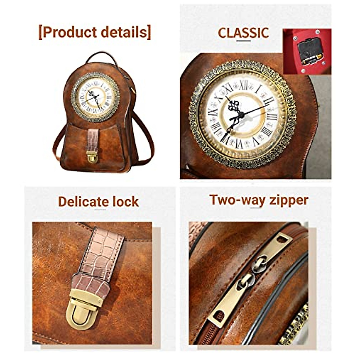 clock purse Real Working Clock Shoulderbags women's backpack vintage one shoulder messenger bag Cross Body for Women Girls (Black)