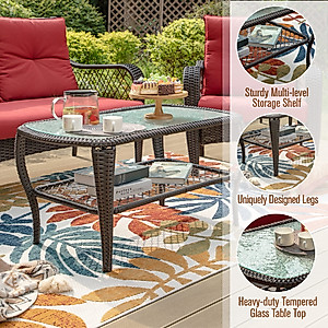 PHI VILLA 4 Piece Outdoor Wicker Patio Furniture Sets Clearance, Patio Wicker Conversation Sets All Weather Rattan Wicker Sofa with Cushions for Garden Lawn Deck, Brown & Red