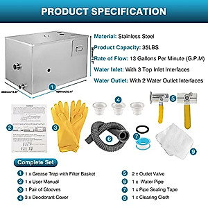 IRONWALLS Commercial Grease Traps for 3 Compartment Sink, 40LBS Stainless Steel Grease Traps for Restaurants Under Sink, Grease Interceptor Oil-Water Separator with 3 Top Inlet & 2 Water Outlet