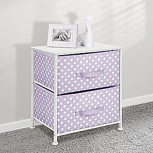 mDesign Small Storage Dresser End/Side Table Night Stand with 2 Removable Fabric Drawers - Organizer for Baby, Kid, and Teen Bedroom, Nursery, Playroom, or Dorm - Light Purple/White Polka Dot