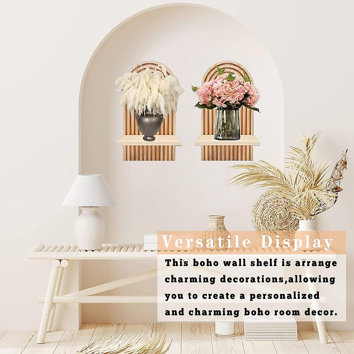 LIYAOLI Boho Shelf Decorations for Living Room Wooden Arched Wall Shelf 2 Pieces 15 x 8.6 Inch Boho Hanging Shelves for Wall,Mid Century Shelves Bohemian Wall Decor for Bedroom