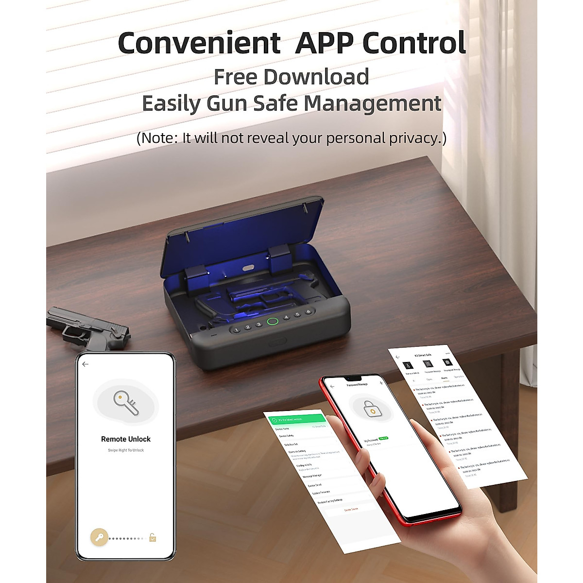 PINEWORLD Biometric Gun Safe, Smart Handgun Safe, 4-Quick Access Pistols Safe With Fingerprint/Key/Passcode/APP For Belongings, Gun Lock Box For Nightstand, Car, Home with Light/Full Voice Prompt