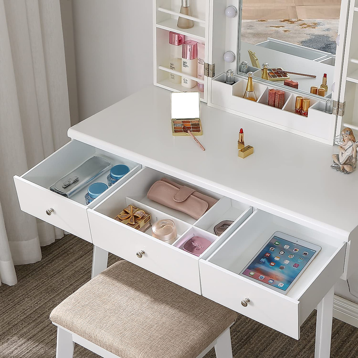 BEWISHOME Vanity Desk with Lighted Mirror, Makeup Vanity with Lights, White Vanity Set with 10 LED Bulbs & Adjustable Brightness, Dressing Table with Makeup Cabinet 3 Drawers for Women FST14W