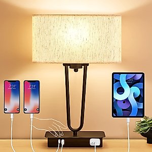 Yarra-Decor Bedside Touch Control Table Lamp Nightstand Lamp with USB A+C Charging Ports & AC Outlet 3-Way Dimmable Desk Lamp with Fabric Shade for Bedroom Living Room(Bulb Included)