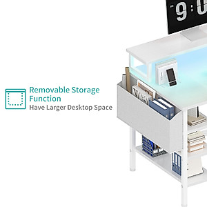 Lufeiya White Desk with Storage Shelves - 47 inch Home Office Gaming Desk with Monitor Stand, Computer Desk with LED Lights and Power Outlets, White