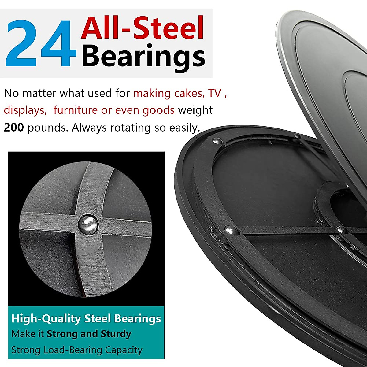 VOLCANOES CLUB 16 Inch Lazy Susan Turntable - Heavy Duty Rotating Swivel Steel Ball Bearings - Flat Base Stand for TV/Computer/Monitor/Arts/Crafts/Bonsai/Statue/Cabinet Organizer (Plastic&Black)
