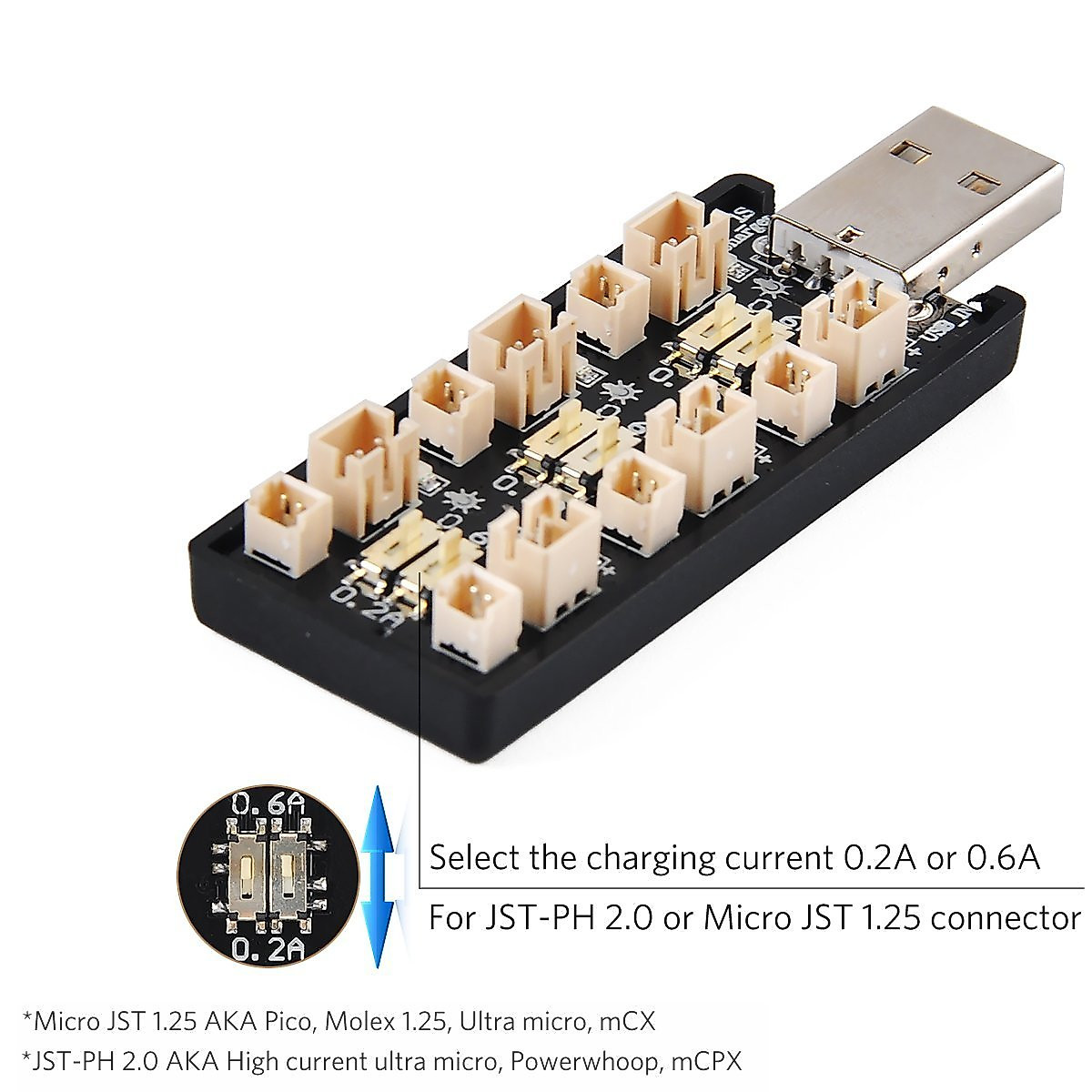 1S LiPo Battery USB Charger 3.7V/4.20V 6 Channel 1S LiPo Charger Tiny Whoop Blade Inductrix Micro JST 1.25 JST-PH 2.0 mCX mCPX Connectors