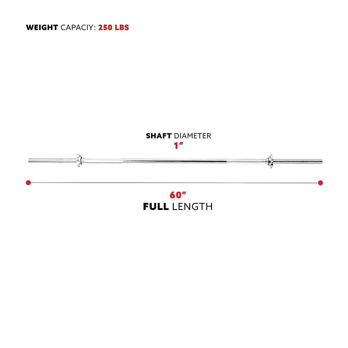 Sunny Health & Fitness 60 Inch Threaded Chrome Barbell Bar, 1 Inch Barbell Diameter with Ring Collars - STBB-60