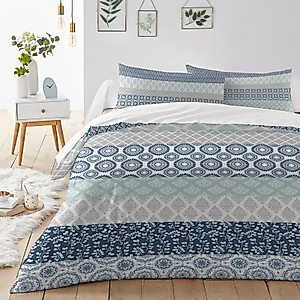 Duvet Cover Set California King Size Boho Comforter Sets 3 Pieces, Bohemian Geometric Stripes Teal Grey Bedding Set with Zipper Closure and 2 Pillow Cases, Soft Lightweight Bed Covers Bedroom Decor