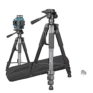 Takamine 63" Lightweight Adjustable Laser Level Aluminum Tripod with Portable Handle, Bubble Level, Quick Release Plate with 1/4" Screw Mount & 5/8" UNF Adapter Nut, 3-Way Swivel Pan Head