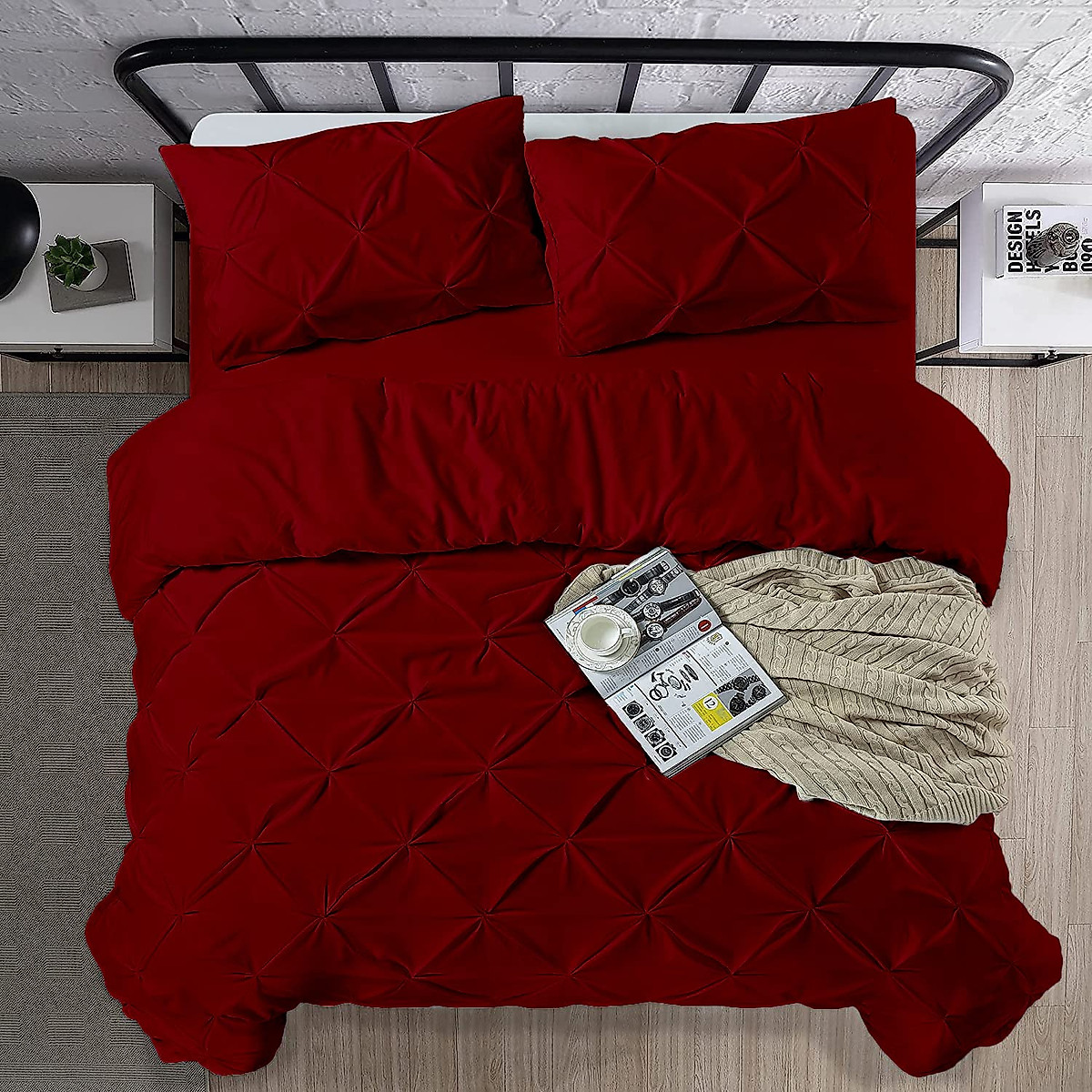 Crown Collection Luxuriate Hotel 1000-TC Hypoallergenic Ultra Soft Design 100% Egyptian Cotton Pinch Plated Duvet Cover with Zipper Colser & 2pcs Pillow Case Set (Super King 98x108, Burgundy)