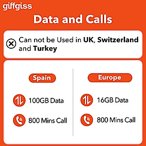Orange Europe Prepaid SIM Card - 16GB Internet Data in 4G/LTE + 800 Mins Call in Europe, 100GB + 800 Mins Calls in Spain, Europe SIM Card for 28 Days, Supported Hotspot, Standard/Micro/Nano
