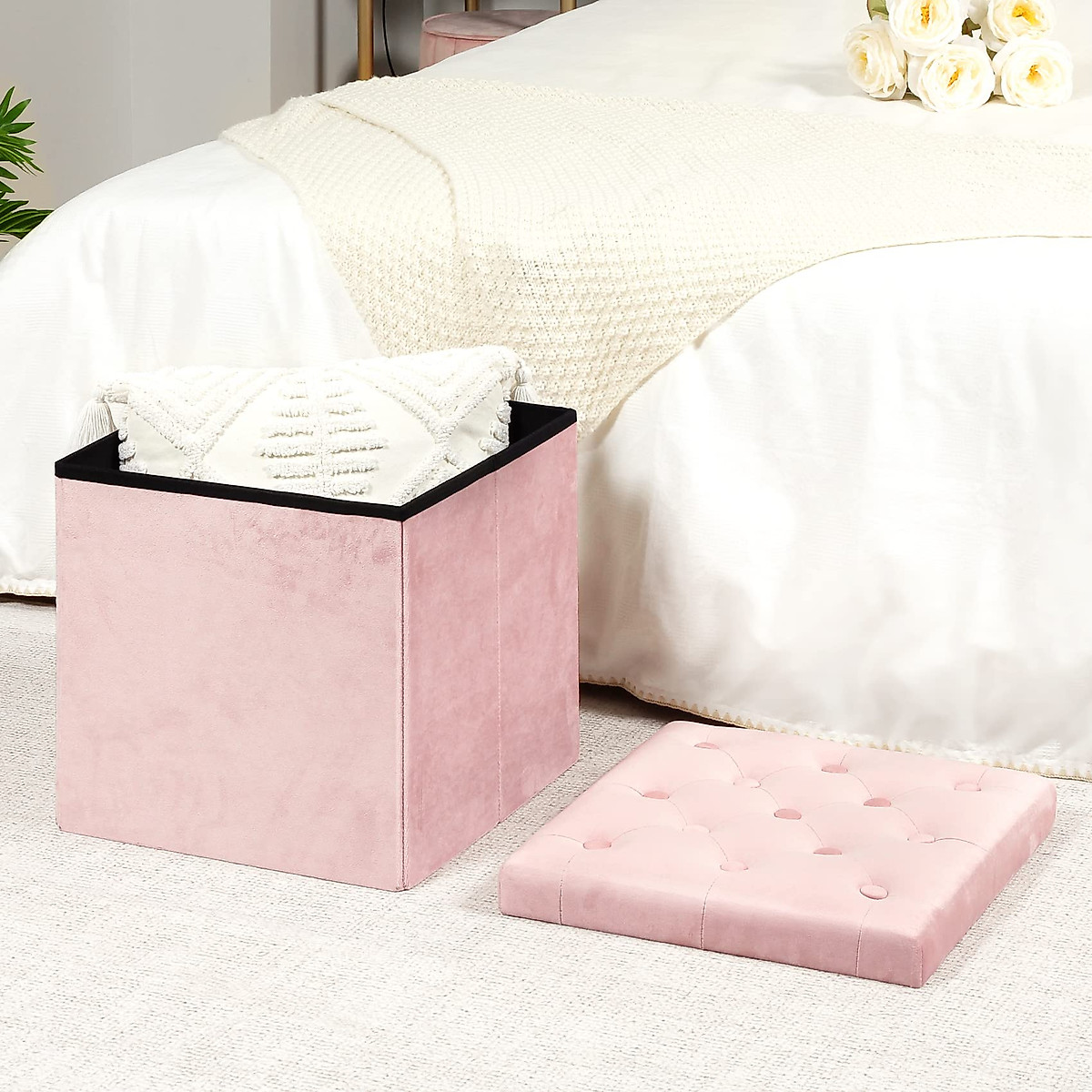 B FSOBEIIALEO Storage Ottoman Cube, Velvet Tufted Folding Ottomans with Lid, Footstool Rest Padded Seat for Bedroom (Pink, Medium)