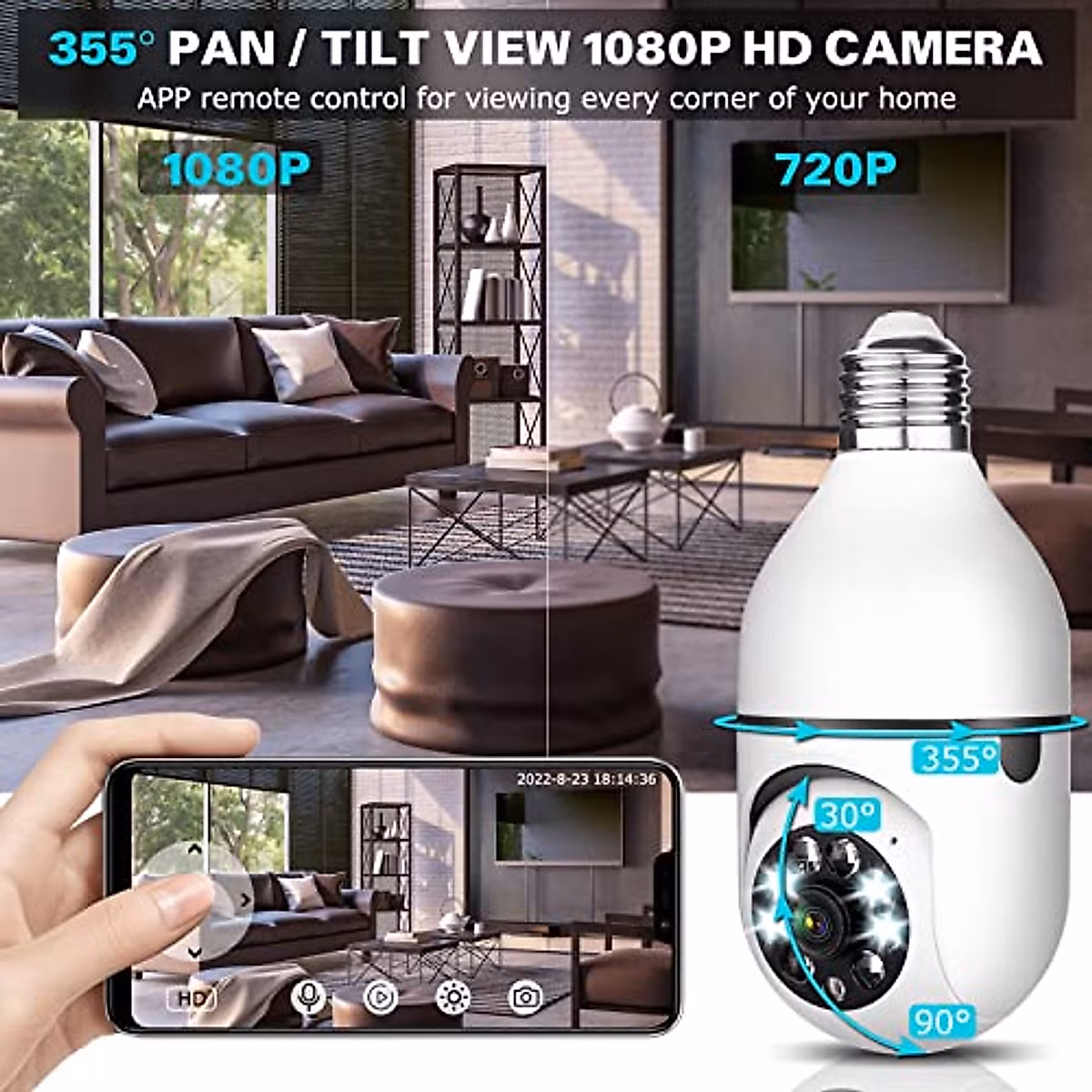 Wireless WiFi Light Socket Bulb Security Camera 360 Degree PTZ Home Camera Floodlight Night Vision Motion Detection 64GB Micro SD Card Included Support 2.4Ghz and 5Ghz