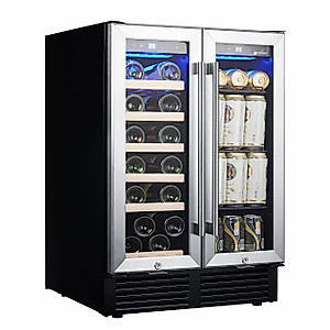 Anwick Cooler, 24 Inch Wine Refrigerator Dual Zone for 60 Cans and 20 Bottles - Mini Wine Fridge with Stainless Steel Tempered Glass Door and Temperature Memory Function