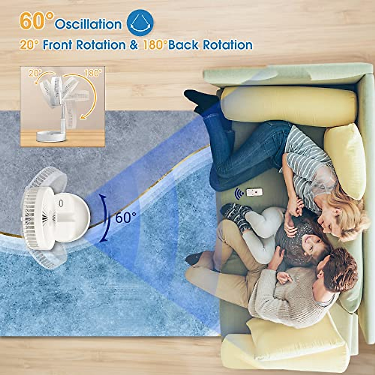 LIPETY Foldable Oscillating Standing Fan with Remote Control, 8" Portable Desk Quiet Fan, 7200mah Rechargeable USB Small Fan, Folded Floor Pedestal Fan for Bedroom Office Camp Travel