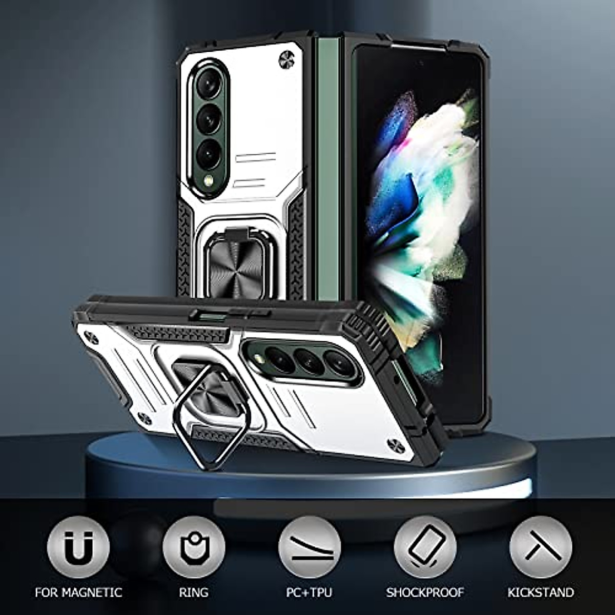 RLUYIDIKS for Samsung Galaxy Z Fold 4 Case,360°Rotate Ring Stand Magnetic Cover Case,Military Grade Protection Shockproof Phone Case,7.6inch for Samsung Galaxy Z Fold 4 5G,Silver RUS01-12