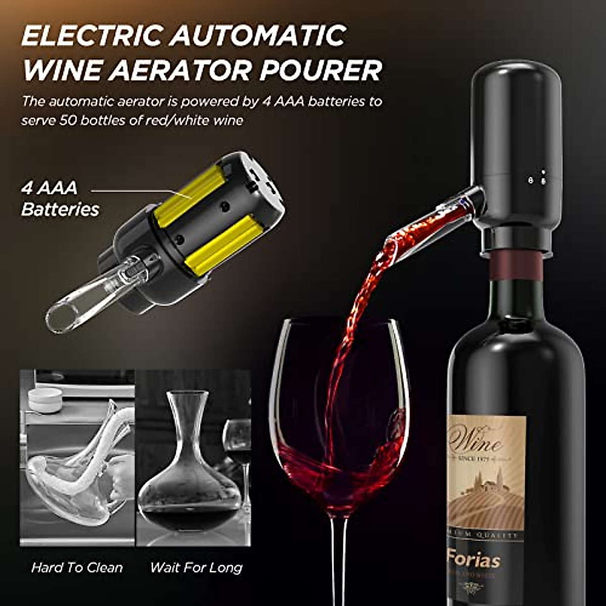 Forias Electric Wine Opener, Automatic Wine Bottle Opener Set with Rechargeable Wine Opener,Electric Wine Aerator Pourer,Vacuum Wine Stopper and Foil Cutter 4-in-1 Wine Gift Set