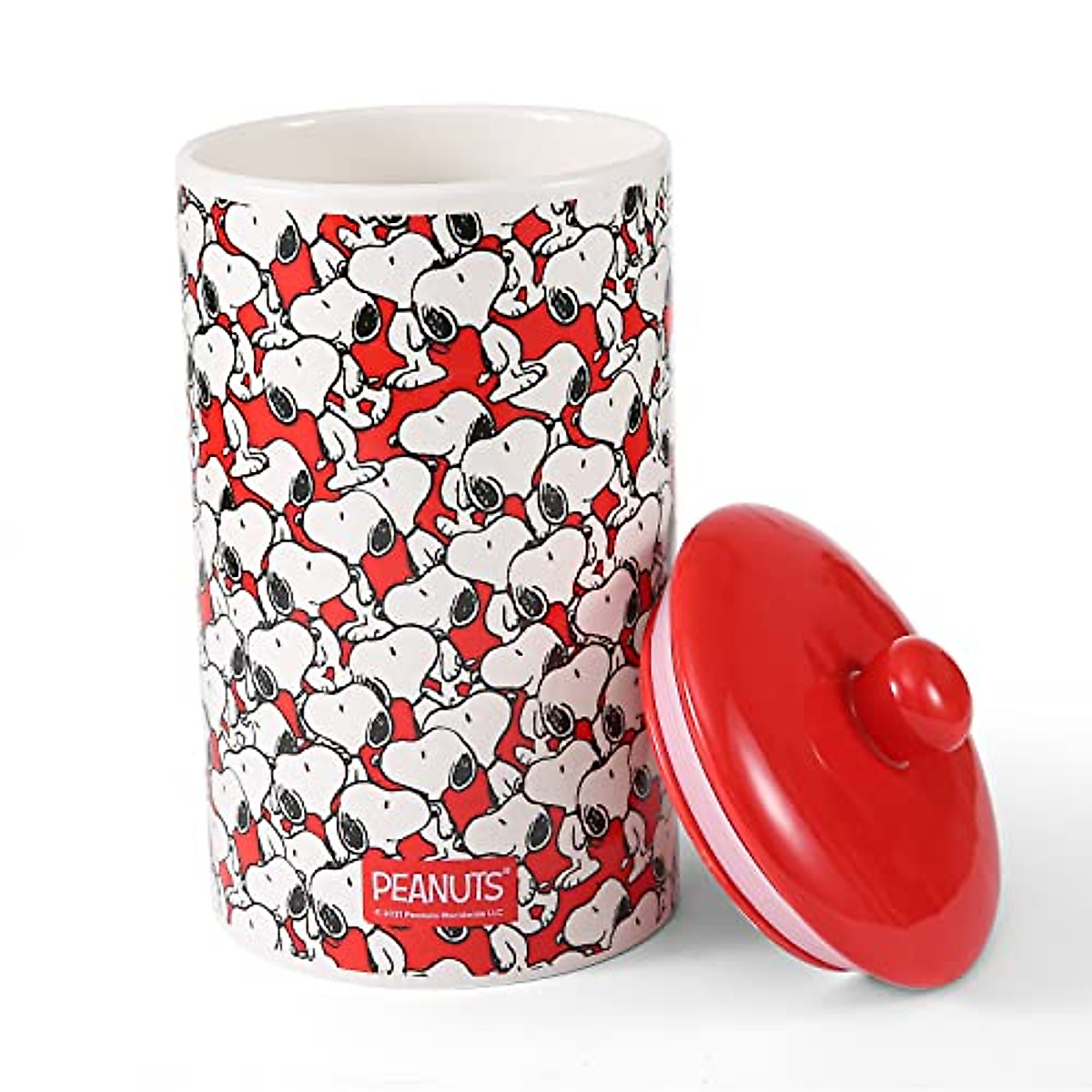 Peanuts for Pets Snoopy Dog Treat Jar | 10 x 5 Snoopy Repeating Pattern Ceramic Dog Treat Jar with Lid, Dishwasher Safe Red and White Dog Food Storage Cylinder, (FF17834)