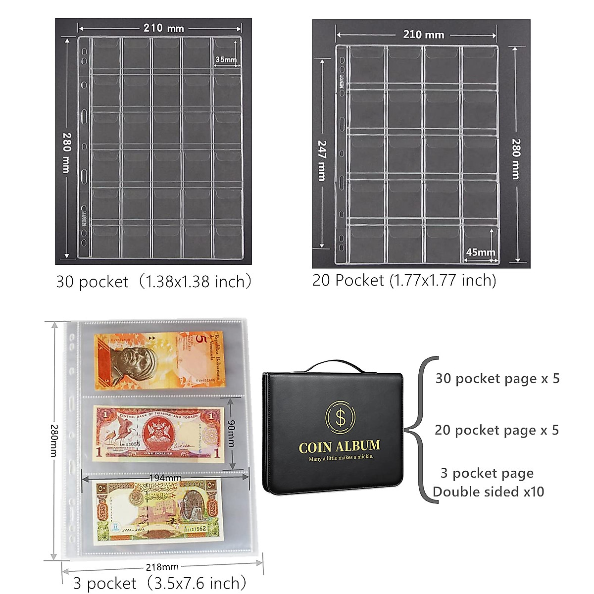 MUDOR Coin Collection Holder Album for Collectors, 310 Pockets Coin and Currency Collecting Binder Book with Zipper and Handle, Album Supplies