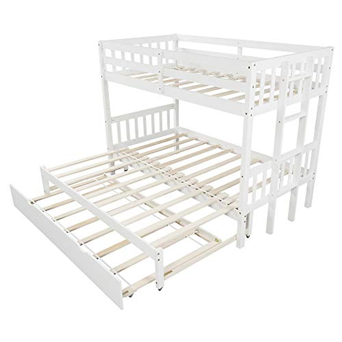 KLMM Twin Over Pull-Out Bunk Bed with Trundle, Wooden Twin Over Twin/Full/Queen/King Accommodate 4 People Extendable Bunk Beds with Ladder and Safety Rail (White)