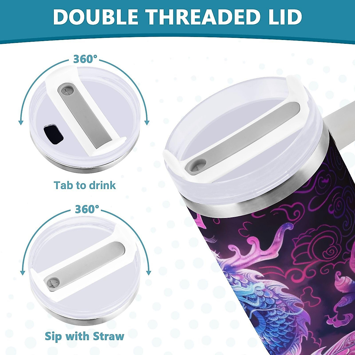 Nesatuwa 40 oz Blue Purple Dragon Tumbler with Handle and Straw Lid,Reusable Stainless Steel Vacuum Insulated Tumbler Leakproof Travel Coffee Mug for Iced and Hot Beverages