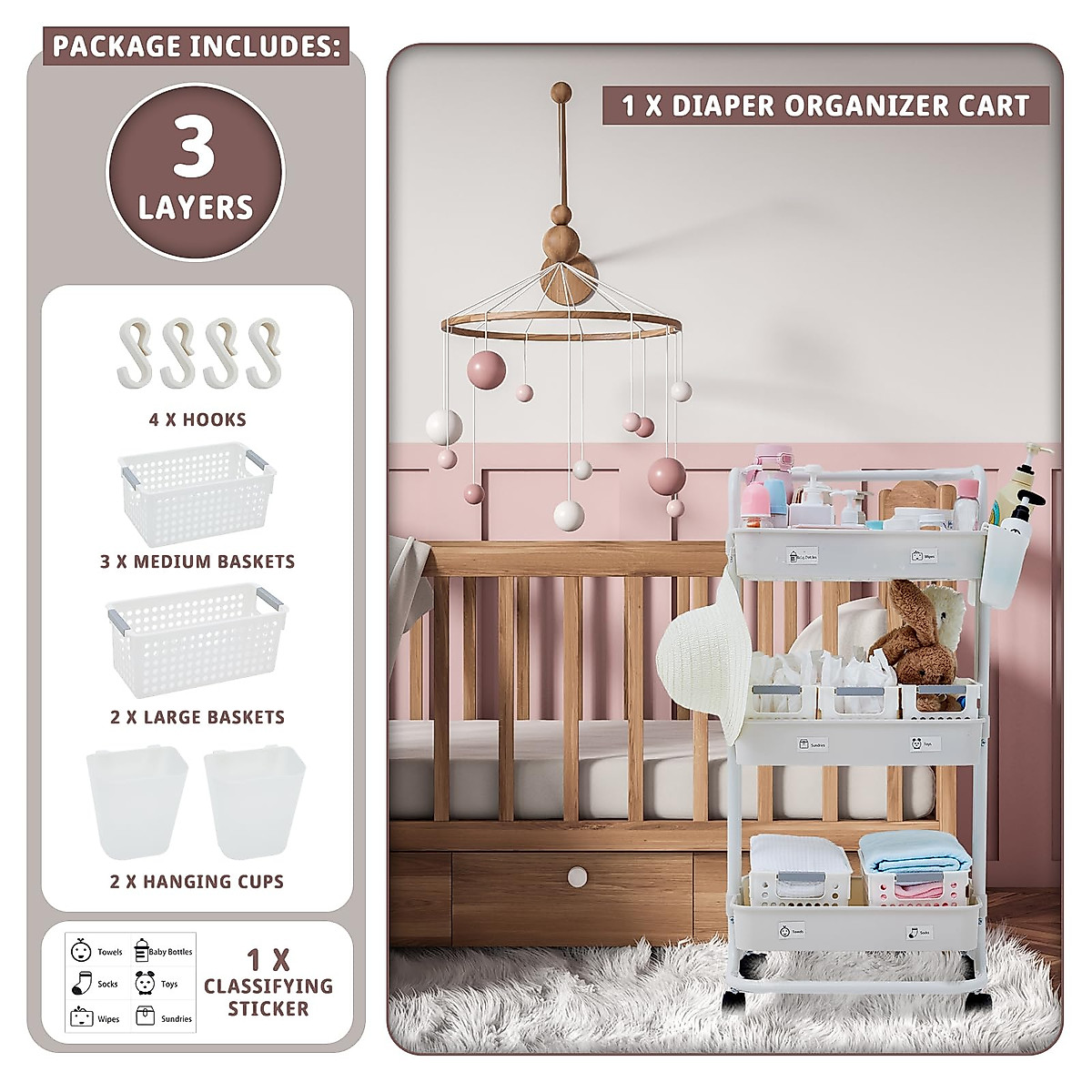 Tanlade Baby Diaper Cart Organizer 3 Tier Diaper Caddy Organizer with Wheels Baby Diaper Storage Organizer Nursery Cart Diaper Caddy with Baskets Hanging Cups Sticker for Crib Changing Table, White