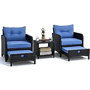 Pamapic 5 Pieces Wicker Patio Furniture Set Outdoor Patio Chairs with Ottomans Conversation Furniture with coffetable for Poorside Garden Balcony(Blue Cushion + Black Rattan)…