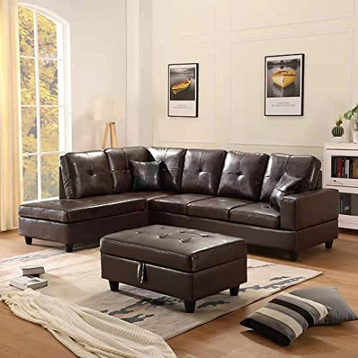 ERYE L-Shaped Corner 5 Seaters Chaise & Storage Ottoman,Modern Faux Leather Sectional & Sofa Couch with 2 Pillows for Home Office Apartment Living Room Furniture Sets, Brown PU Right