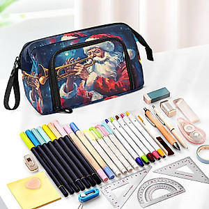 Generic Santa Claus Trumpet Large Pencil Case Pouch Pen Case for Girls Boys Adults Big Capacity Portable Pen Case Bag with Zipper Pencil Cases Pouches for Birthday Gift Back to School Supplies