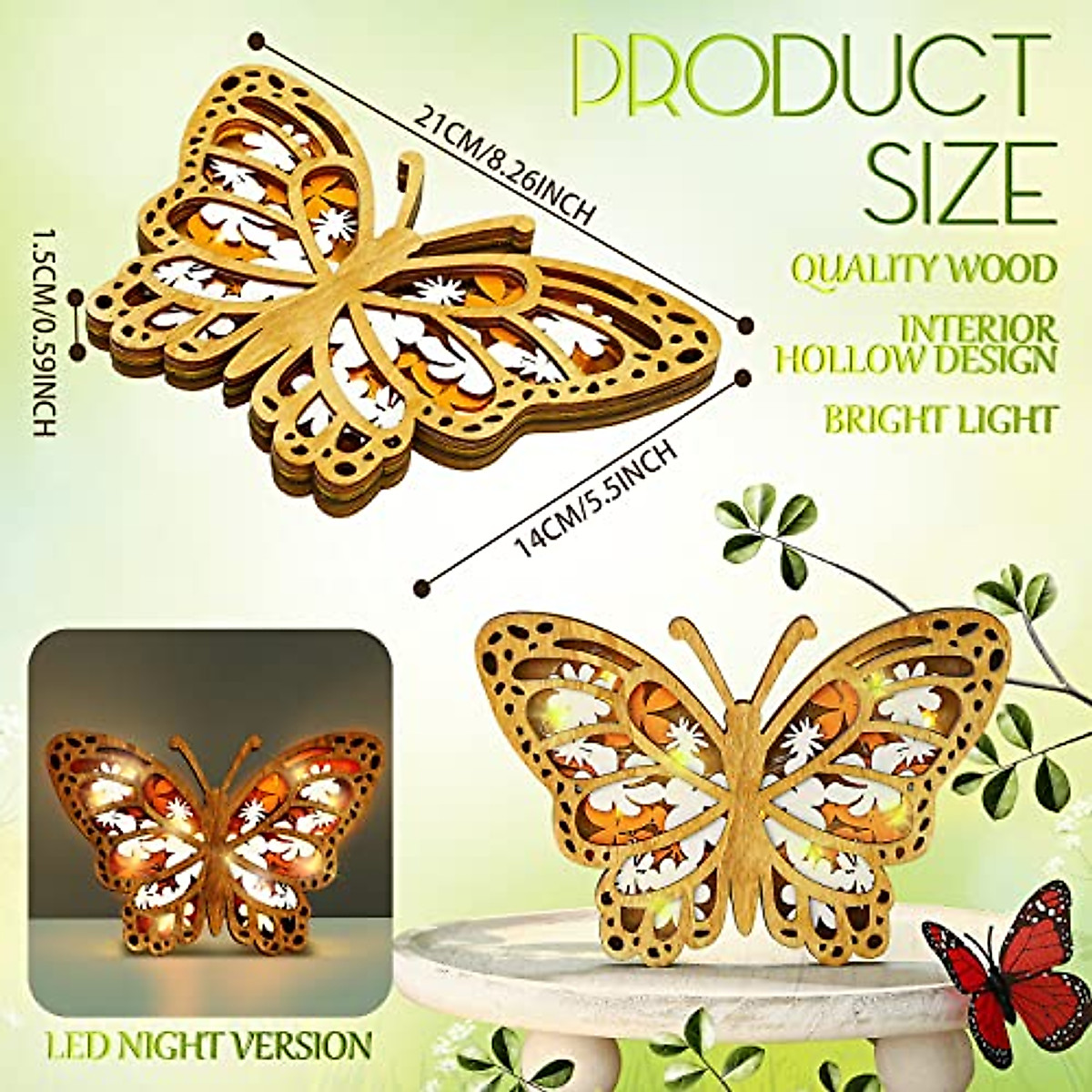 Wooden Led Butterfly Sign 3D Rustic Crafts Glowing Butterfly Decor Wood Butterfly Centerpiece Farmhouse Wooden Tabletop Ornament Spring Freestanding Wood Sign for Home Shelf Kitchen Party