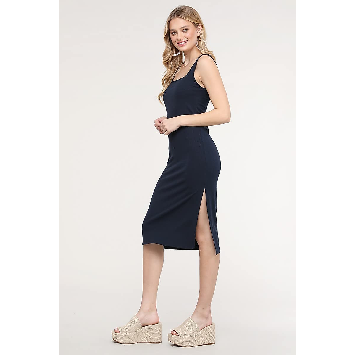 Emma's Closet Women's Tank Dress - Sleeveless Square Neck Casual Midi One Piece with Side Slit YCGD3150 Navy S