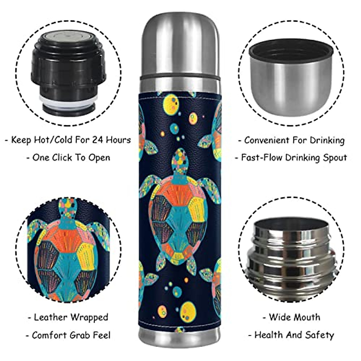 Colorful Aesthetic Sea Turtles Vacuum Insulated Water Bottle Stainless Steel Thermos Flask Travel Mug Coffee Cup Double Walled 17 OZ