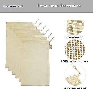 WHITEWRAP Reusable Mesh Bags with Drawstrings | 10”x18” Large |6-Pack |Eco Friendly Bags, Food Storage, Natural Cotton, Biodegradable Fabric Bags, Snack Bags, Cloth Bags, Gift Bag for Halloween