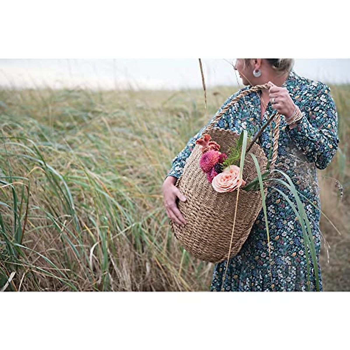 Creative Co-Op Hand-Woven Bankuan Bucket w/Handle, Natural Basket, 13" L x 13" W x 17" H