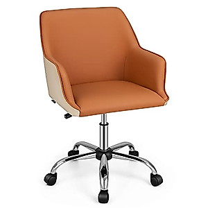 Giantex Home Office Desk Chair, Upholstered PU Leather Task Chair w/Arms & Adjustable Height, Mid-Back Swivel Rolling Desk Chair for Bedroom Study Office, Orange & Beige