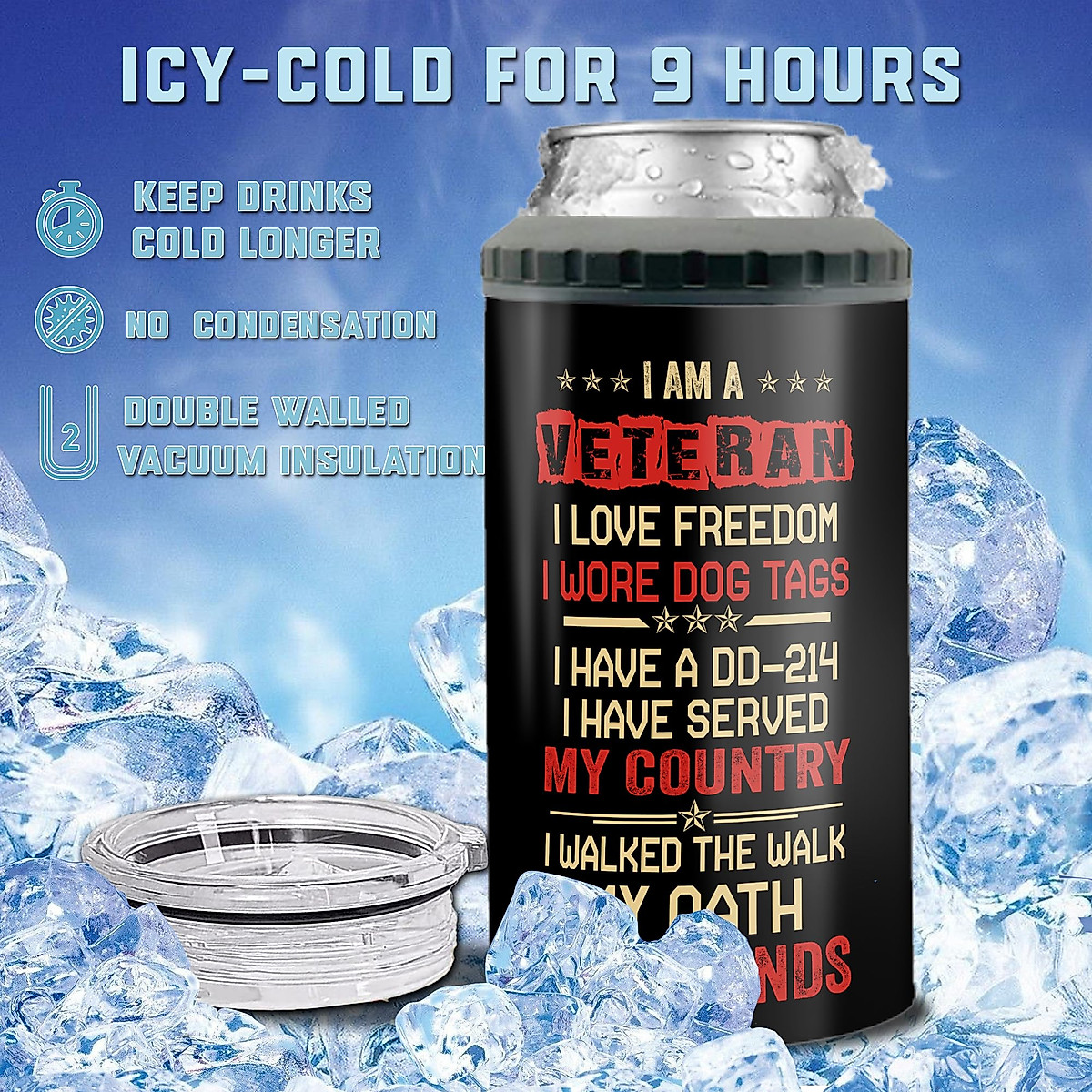Personalized Veteran Can Cooler 4 in 1 Holder Cup with Lids Customized Name 16oz Beer Drinking Gifts for Men Navy Army Air Force Marine Corps Military Retirement Veterans Day