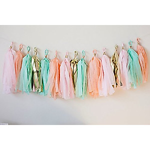 Hand Made 16 x Mint Pink Gold Apricot Tissue Paper Tassels for Party Wedding Gold Garland Bunting Pom Pom by Originals Group