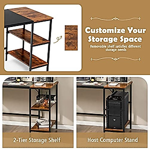 COSTWAY 55” Computer Desk, PC Laptop Desk with Storage Shelves, Large Computer Desk with Splice Board, Adjustable Foot Pads, Industrial Home Office Desk for Writing, Study, Game (Black)