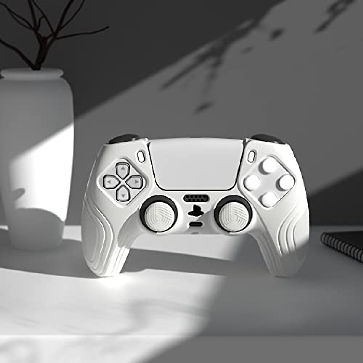 eXtremeRate PlayVital Samurai Edition White Anti-Slip Controller Grip Silicone Skin for ps5, Ergonomic Soft Rubber Protective Case for ps5 Controller with White Thumb Stick Caps